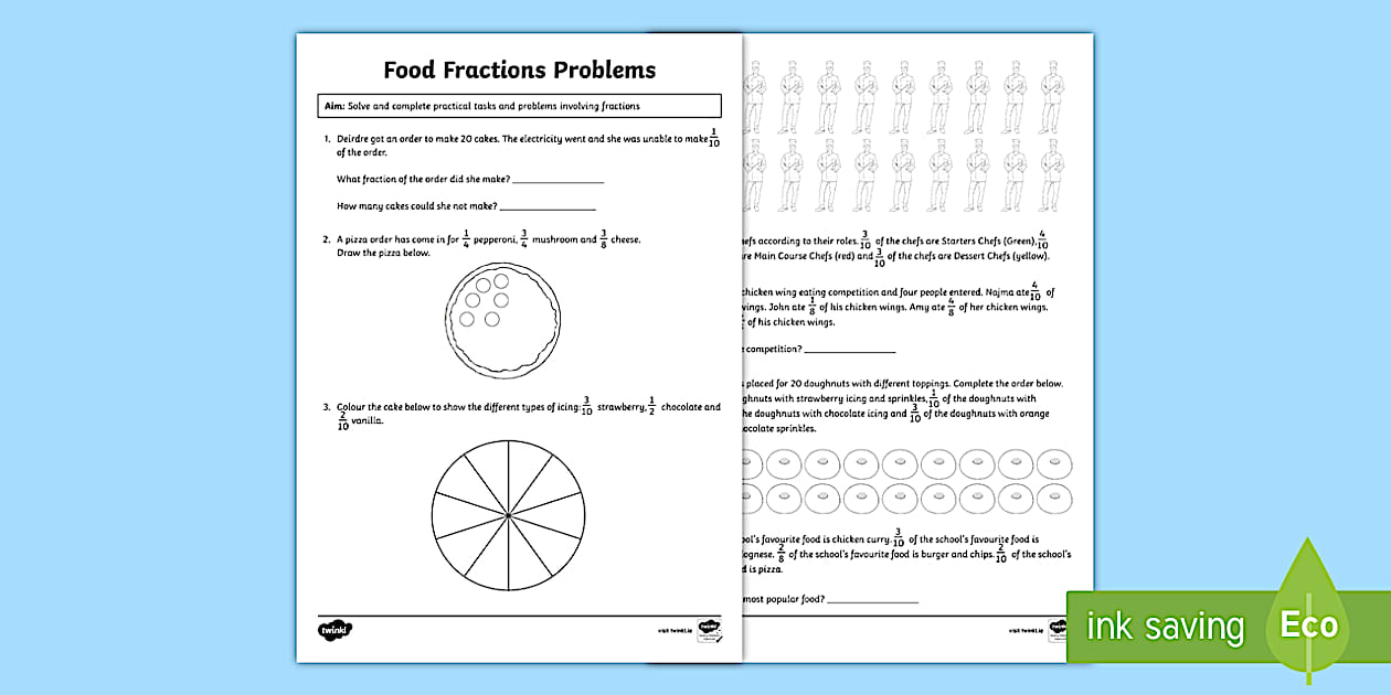 Food-Themed Fraction Problems Worksheet - Twinkl
