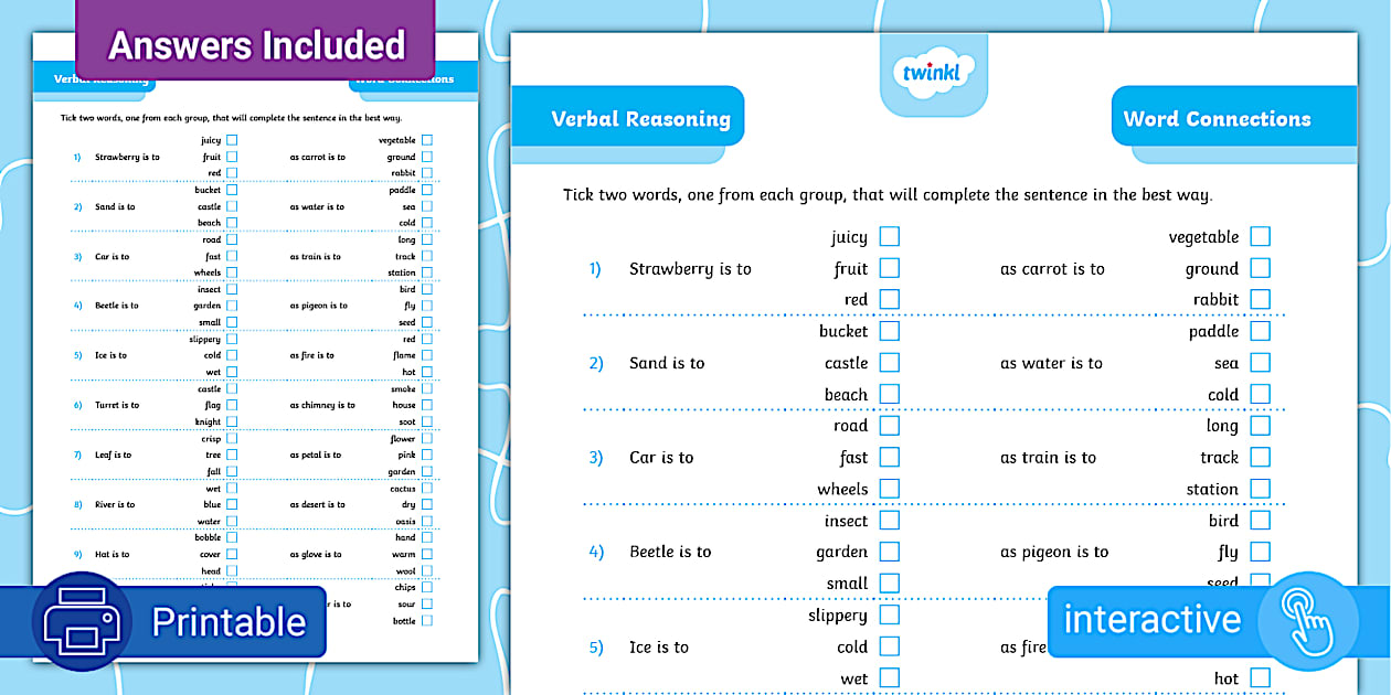 Verbal Reasoning - Word Connections - Twinkl Puzzled