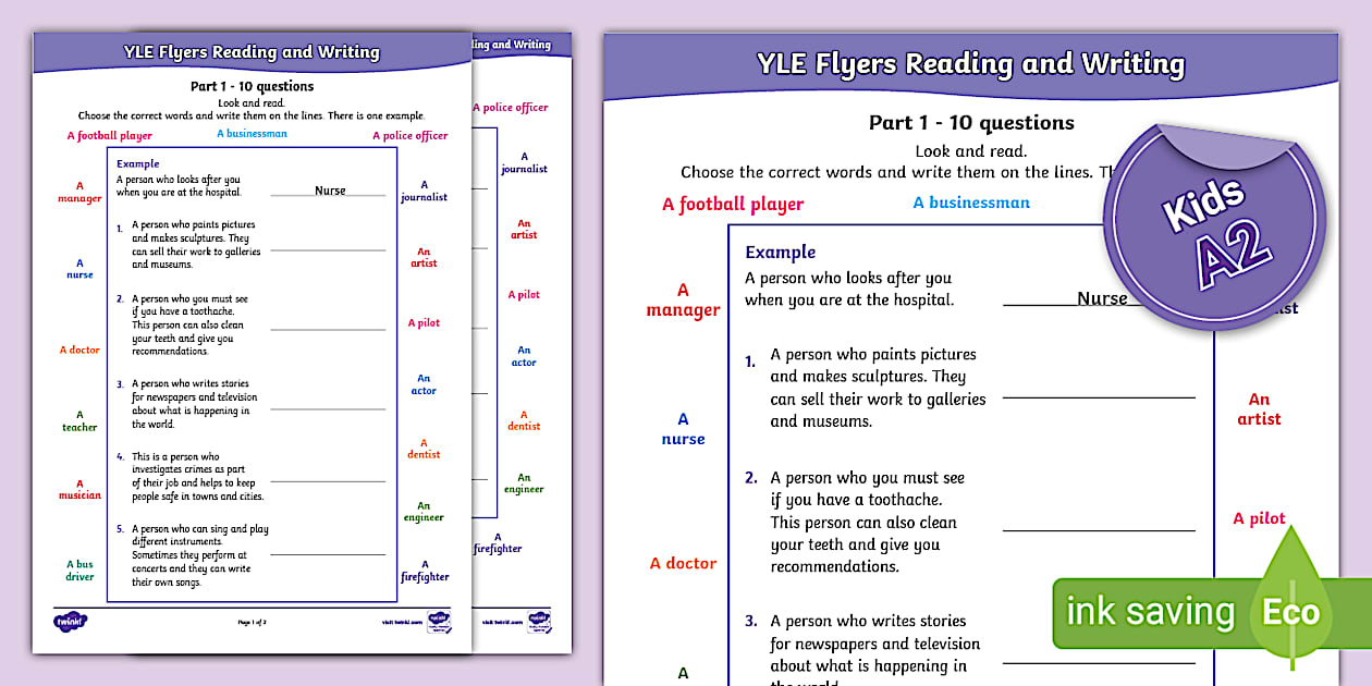 ESL YLE Flyers Reading and Writing Part 1 Activity Sheet (Jobs) [Kids, A2]