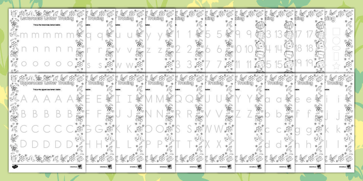 Spring Letters, Numbers, and Shapes Tracing Worksheets