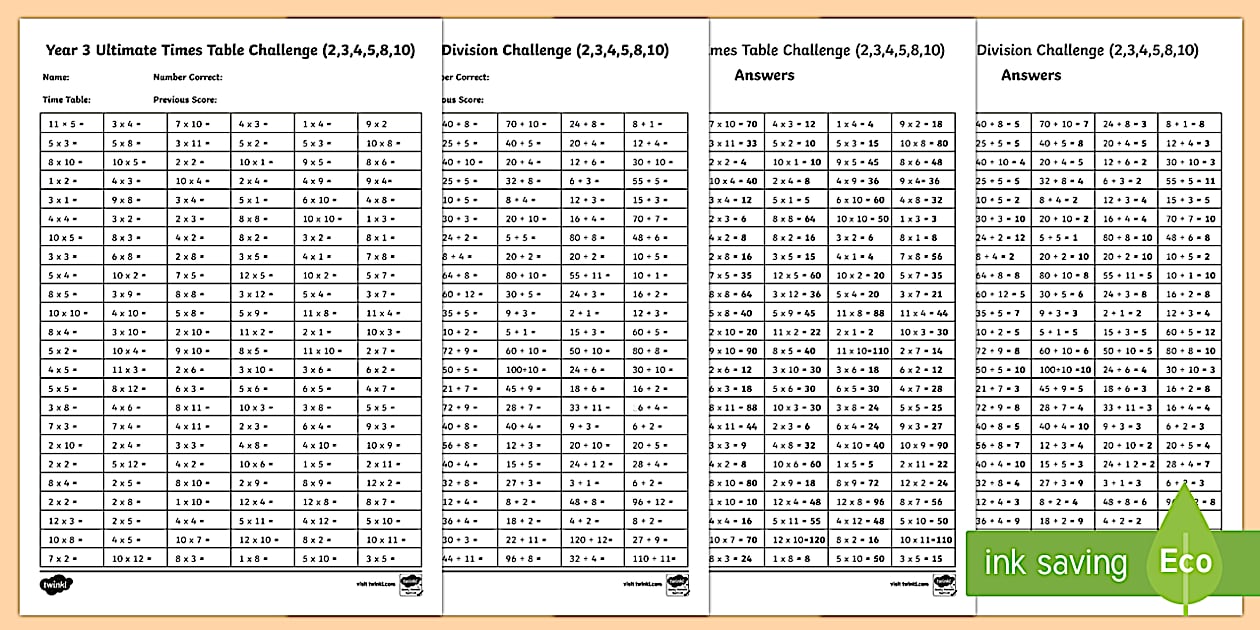 Editable Year 3 Times Table and Division Challenge Worksheet