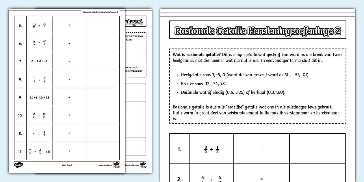 Graad 9 Rasionele Getalle Hersieningsoefeninge 2 - Twinkl