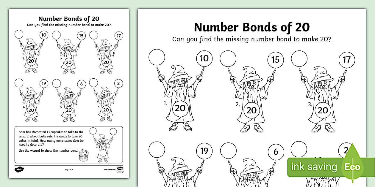 👉 Number Bonds to 20 on Wizards Worksheet - Twinkl