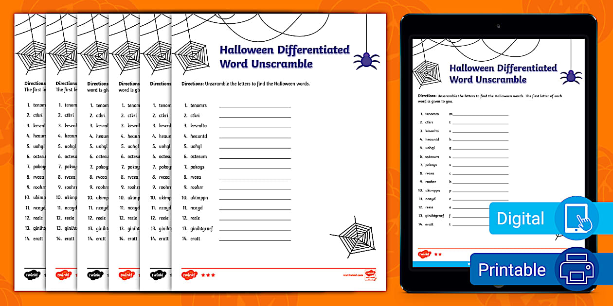 Halloween Differentiated Word Unscramble for 6th-8th Grade