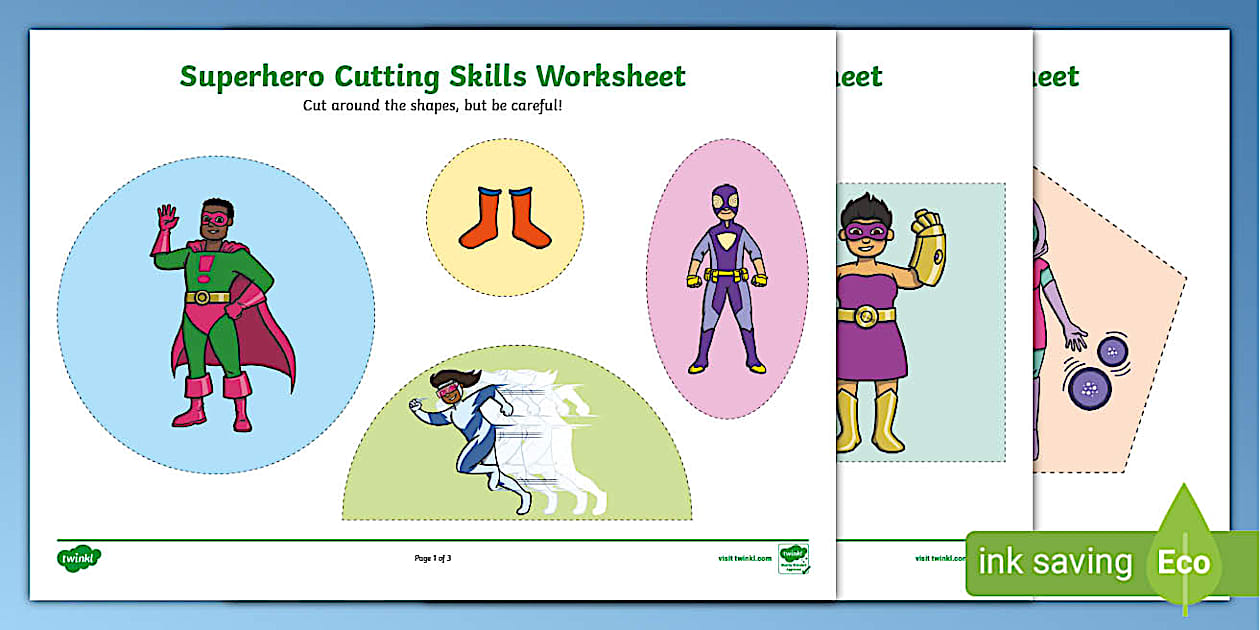 Superhero Themed Cutting Skills Worksheets - fine motor skills