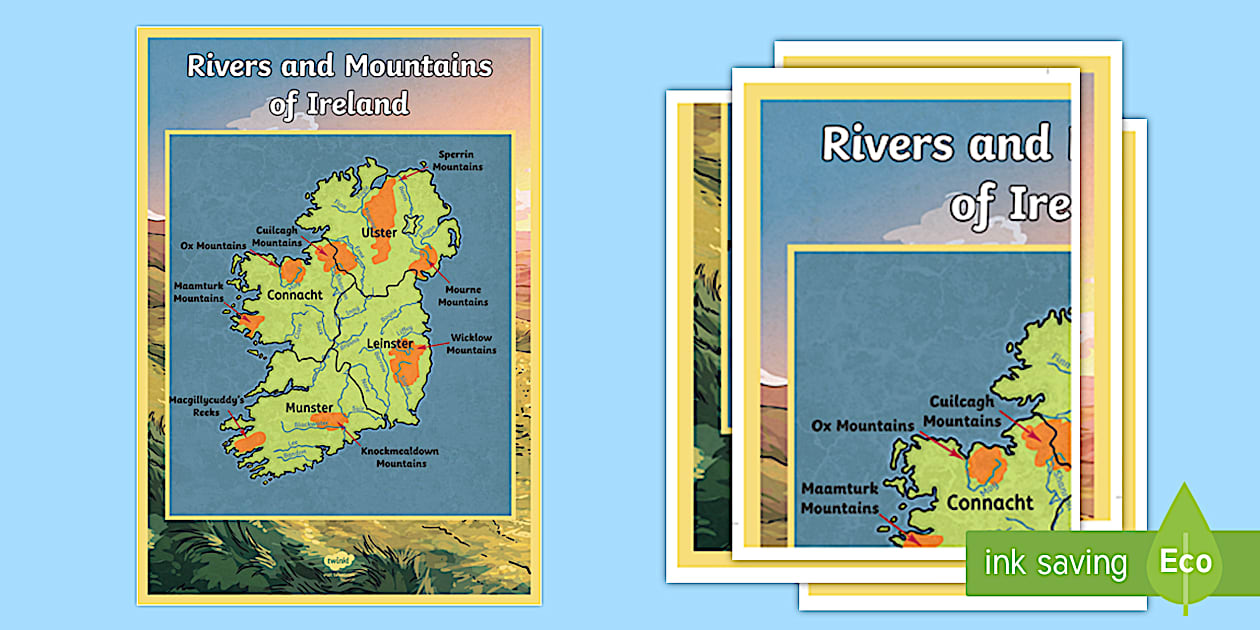 Map of Ireland with Mountains and Rivers | Display Poster