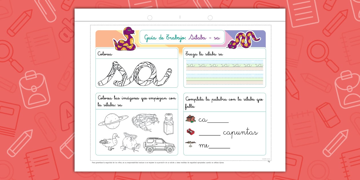 Guía de Trabajo: Práctica de Sílaba - sa - Twinkl