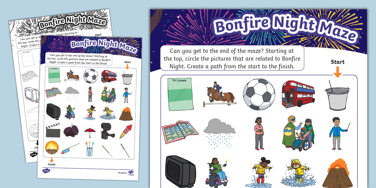 Bonfire Night Imagery Maze Worksheet (teacher made) - Twinkl