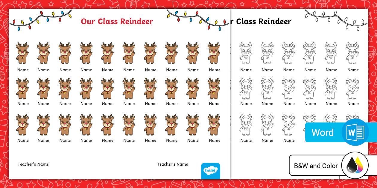 Editable Names Class Reindeer Christmas Keepsake - Twinkl