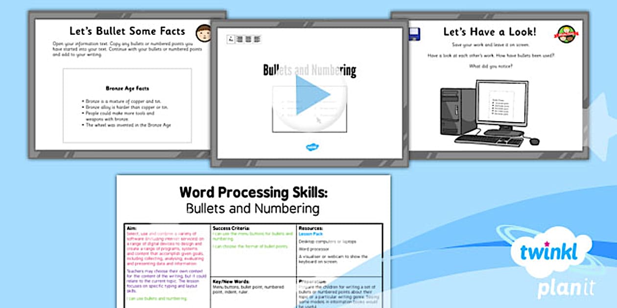 Computing: Microsoft Word Skills: Bullets and Numbering Year 3 Lesson Pack 4