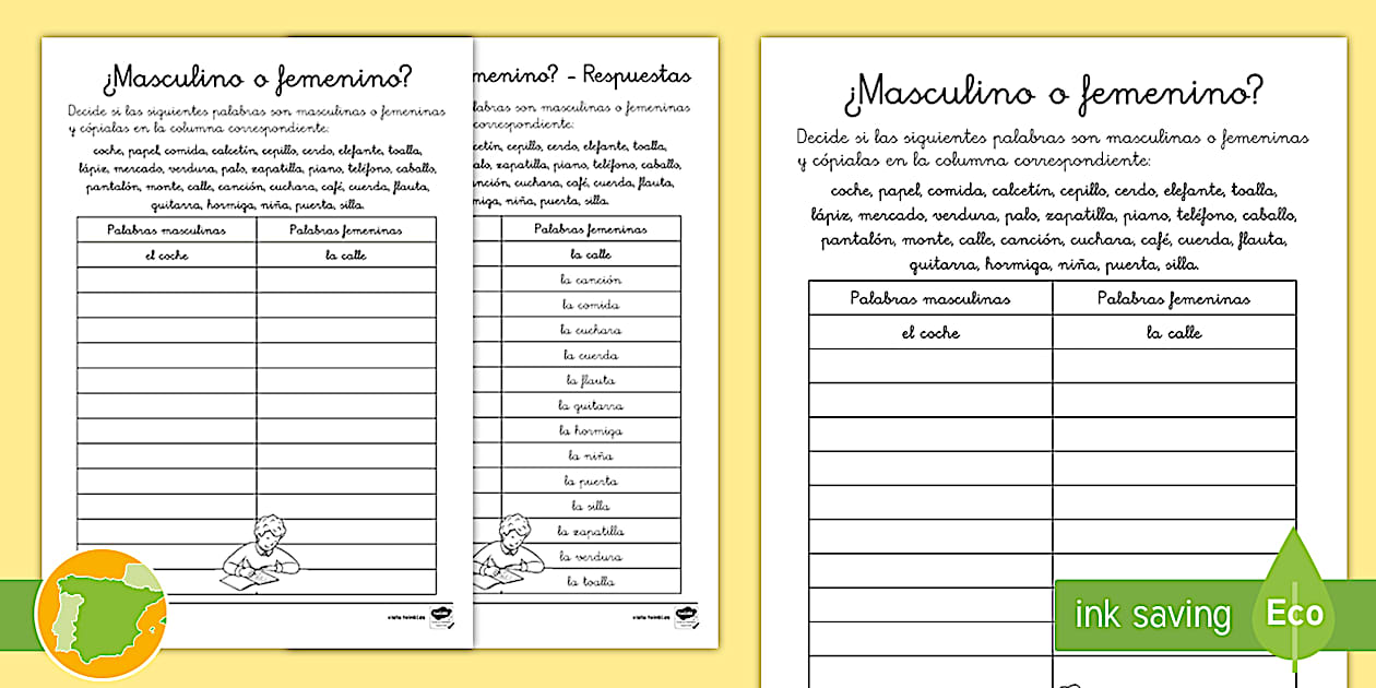 Ficha de actividad: ¿Masculino o femenino? - Twinkl