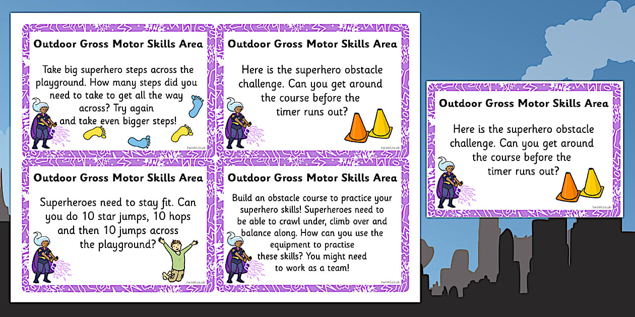 EYFS Superhero Themed Outdoor Gross Motor Skills Area Challenge Cards