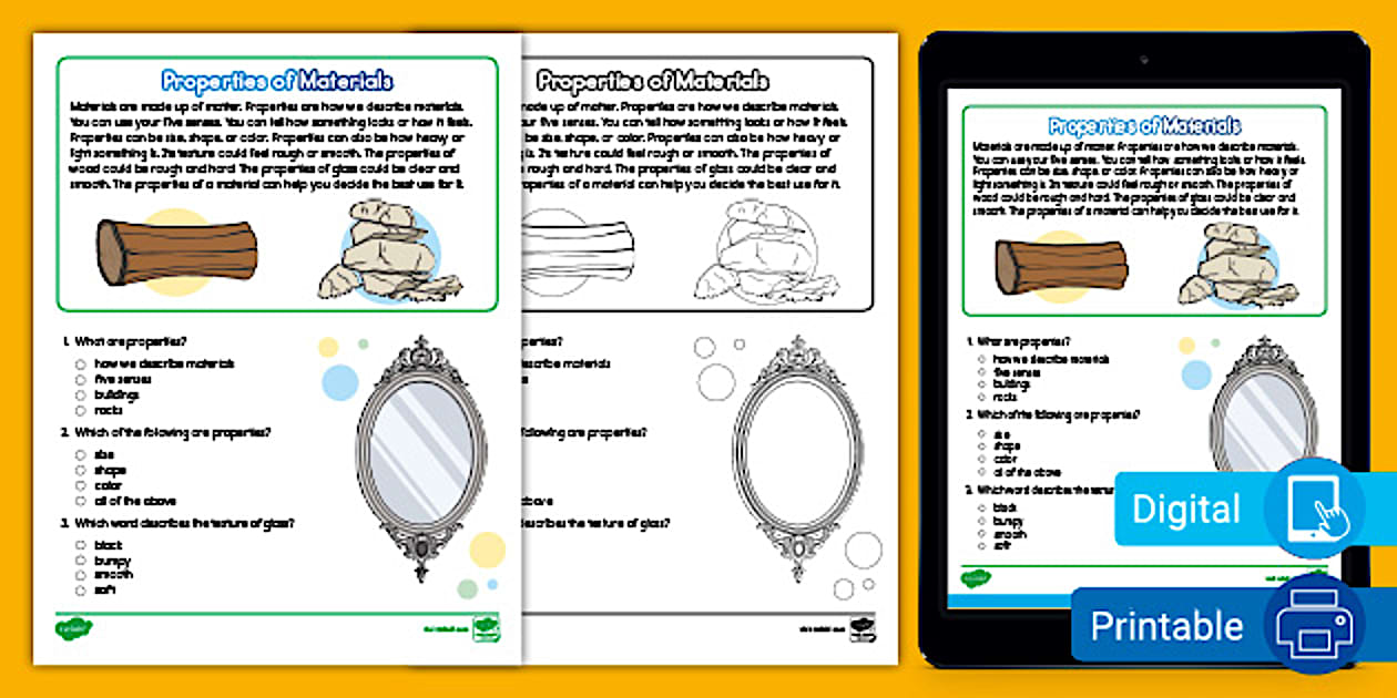 First Grade Properties of Materials Reading Passage Comprehension Worksheet