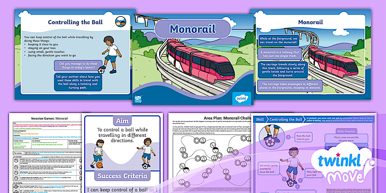 👉 Twinkl Move PE - Y1 Invasion Games Lesson 3 - Monorail