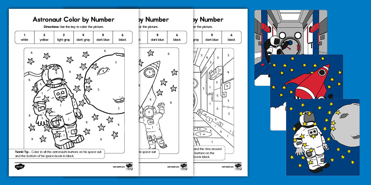 Astronaut Color by Number to Six Worksheet - Twinkl
