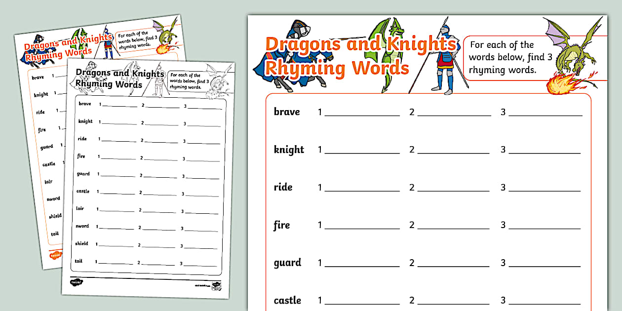 Dragons and Knights Rhyming Words Worksheet (Teacher-Made)