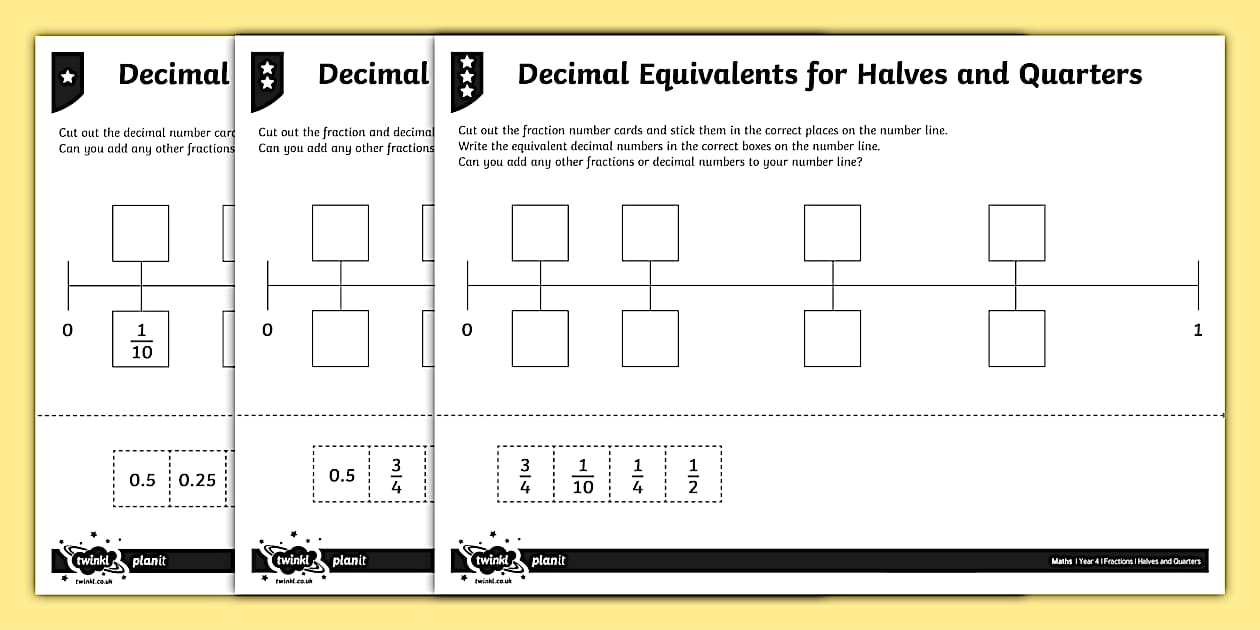 Decimal Equivalents for Halves and Quarters Differentiated Maths Worksheet