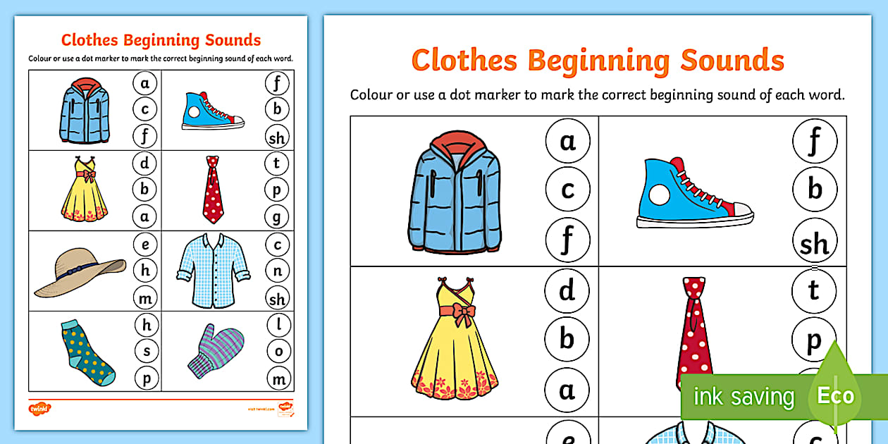 Clothing Beginning Sounds Worksheet - (teacher made)