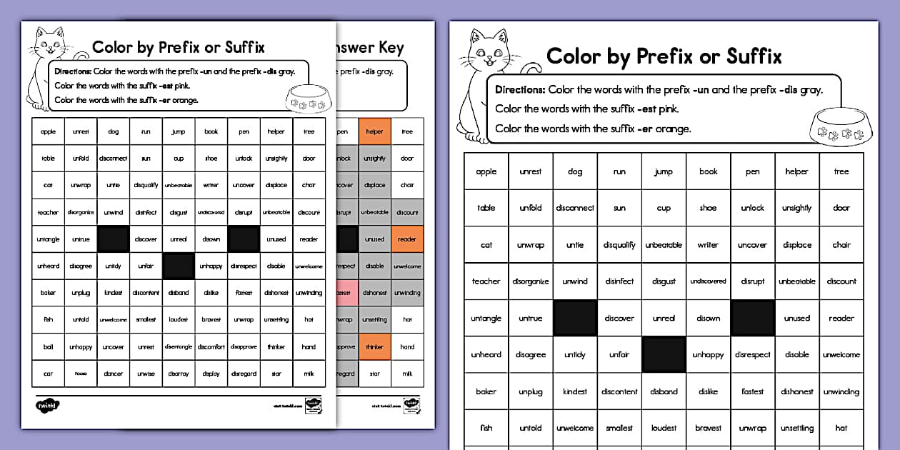 Second Grade Color by Prefix or Suffix (teacher made)