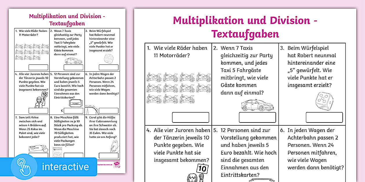 Textaufgaben zu Multiplikation und Division - Arbeitsblatt