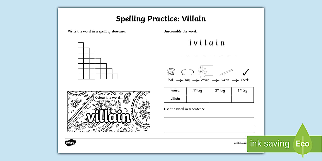 Villain Spelling Practice Worksheet (teacher made) - Twinkl