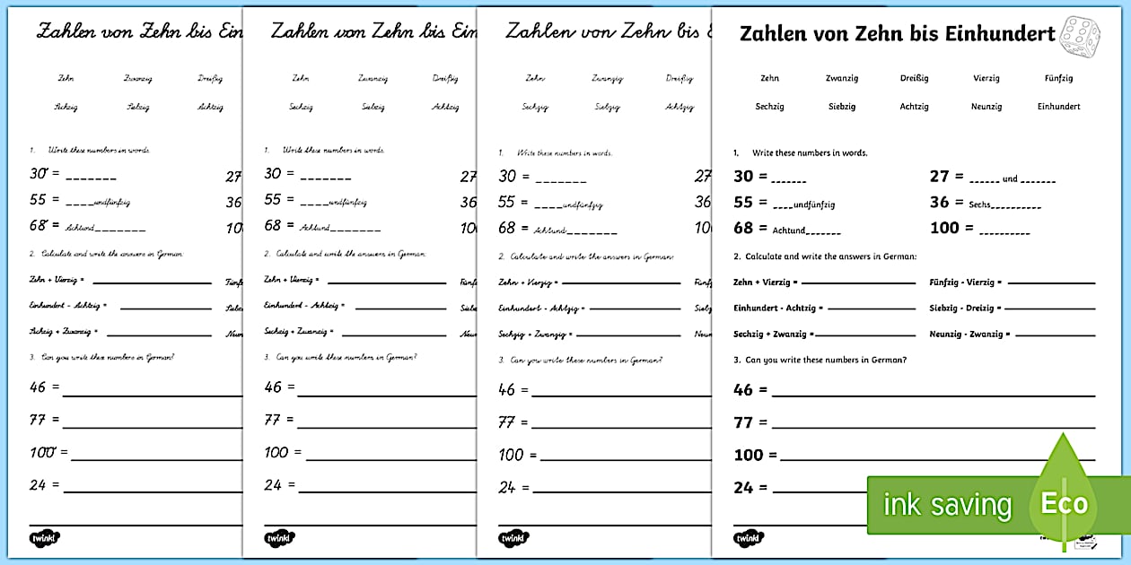 Numbers to One Hundred Worksheet / Worksheet German- Numbers,Counting,