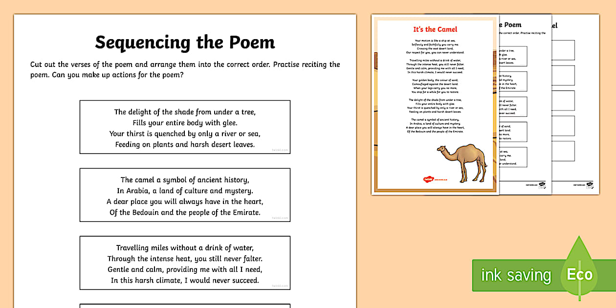 Camel Poem Sequencing Verses Worksheet / Worksheet - Twinkl