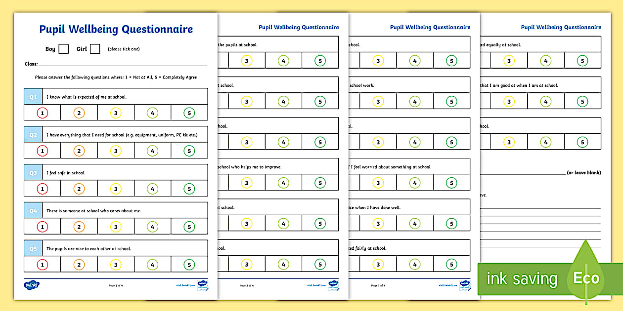 Editable Pupil Wellbeing Questionnaire Checklist - Twinkl