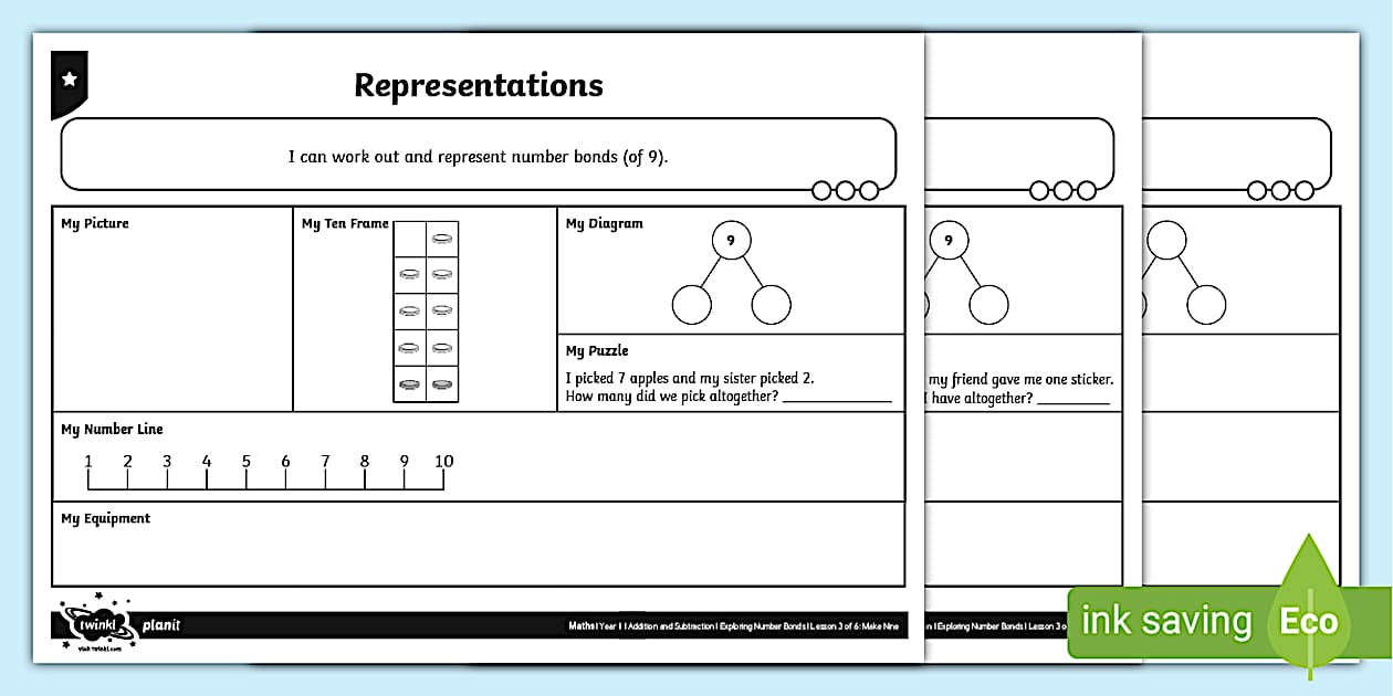Derive and Represent Number Bonds to Nine Differentiated Worksheet