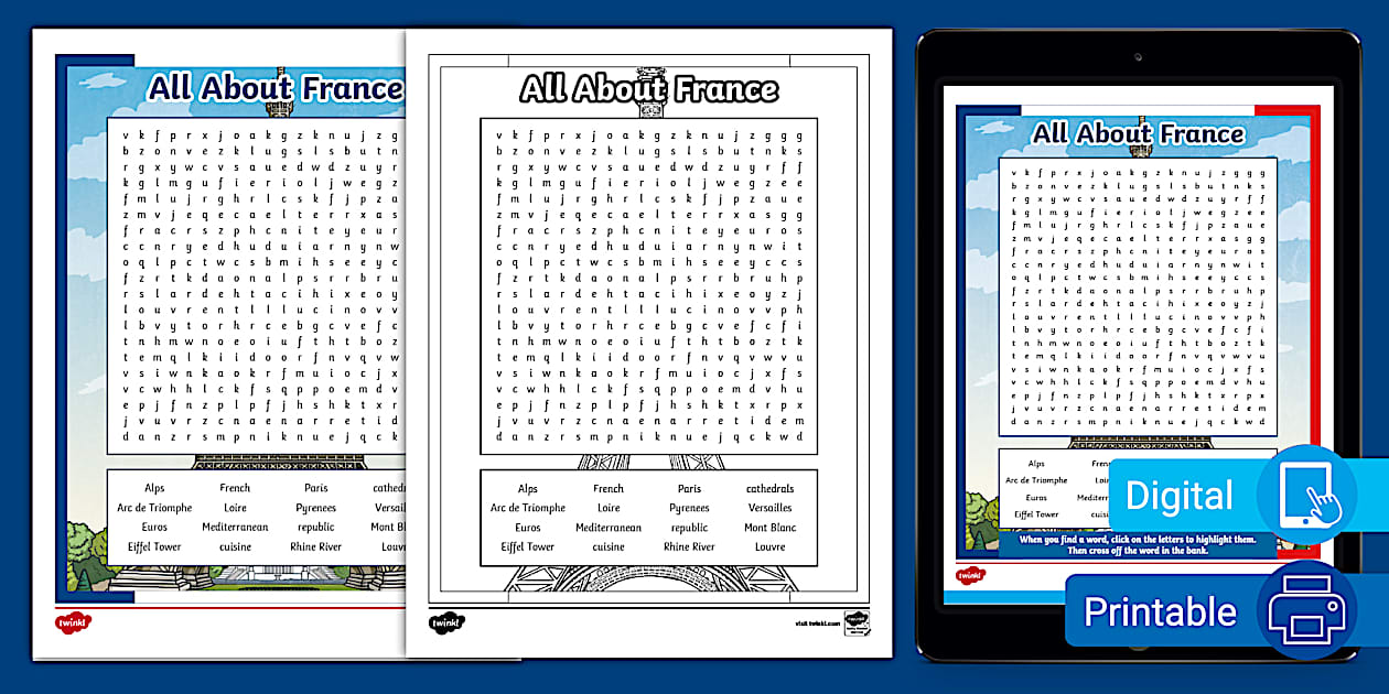 All About France Word Search for 6th-8th Grade - Twinkl