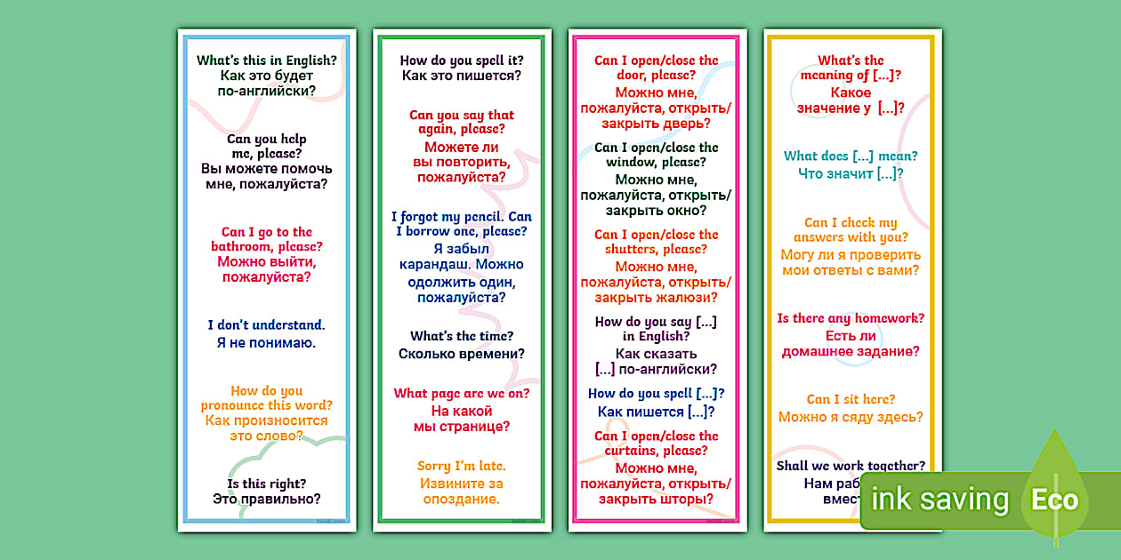 Classroom Phrases Bookmarks in English and Russian - Twinkl
