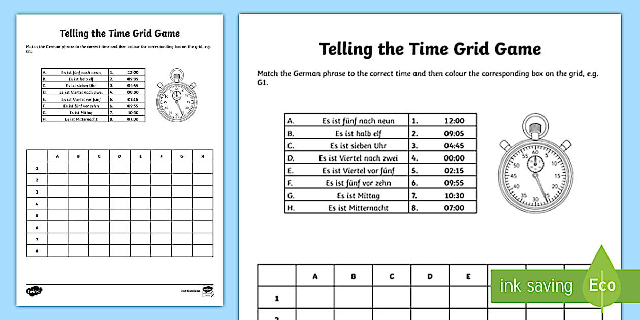 Telling the Time Grid Worksheet / Worksheet German - Twinkl