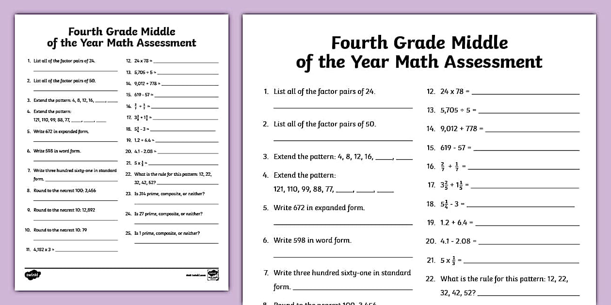 Fourth Grade Middle of the Year Math Assessment - Twinkl