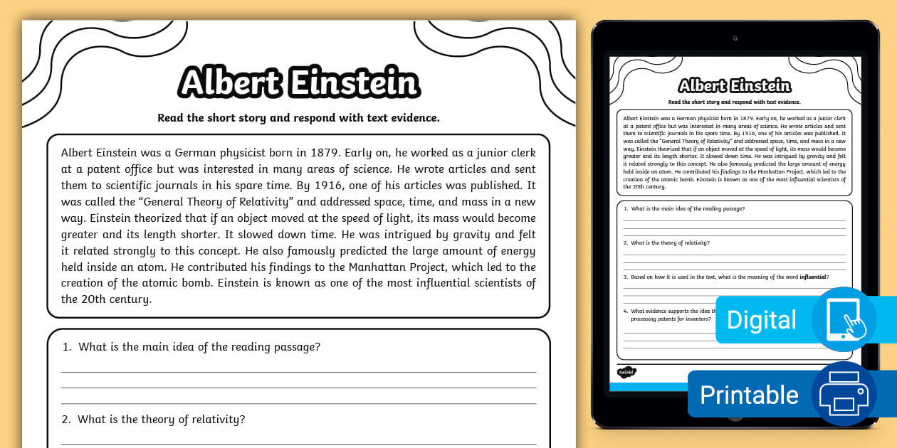 Prove It! Albert Einstein Text Evidence Worksheet for 6th-8th Grade