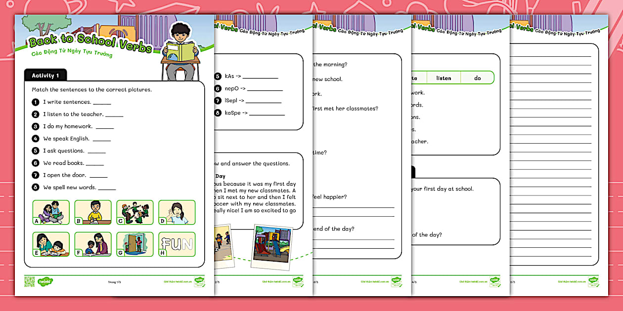 ESL Verbs Worksheet: Back to School (A2) (teacher made)