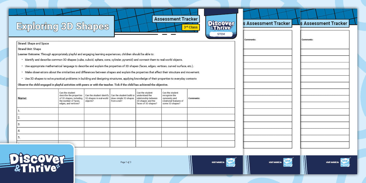 3D Shapes Assessment Tracker 3rd Class (teacher made)