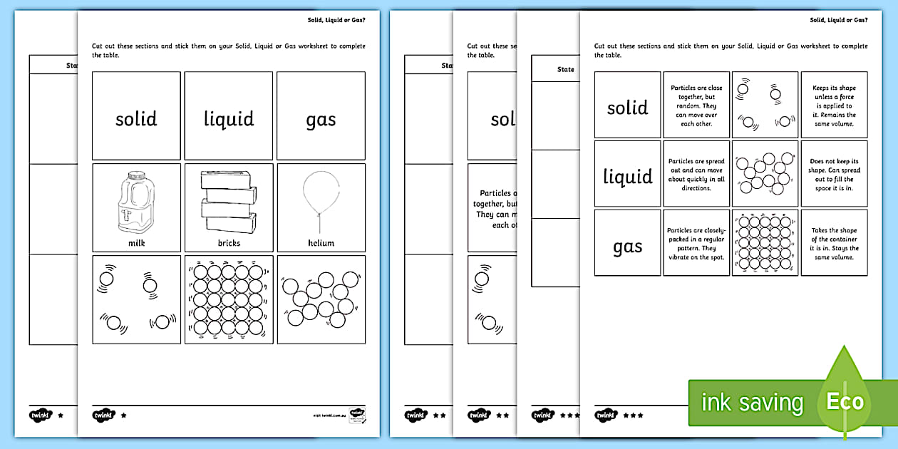 Solid, Liquid, Gas Worksheet (teacher made) - Twinkl