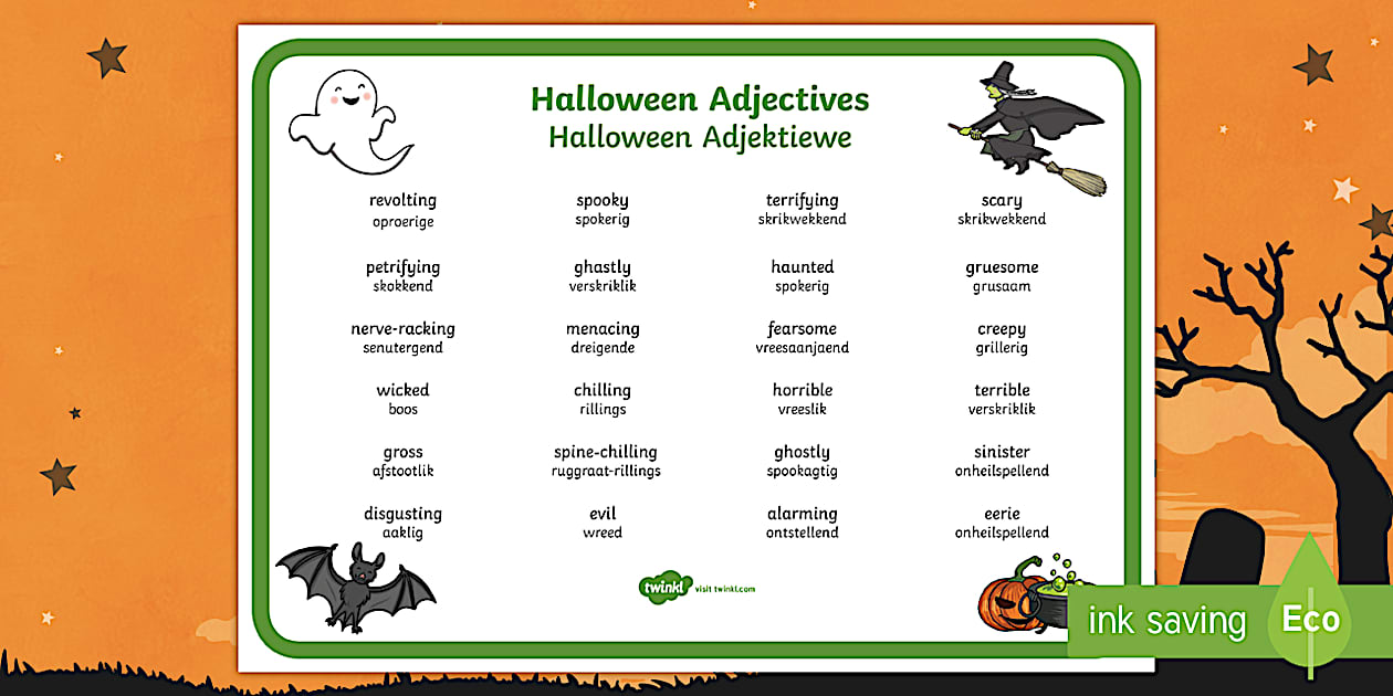 Halloween Adjectives Word Mat Afrikaans/English - Twinkl