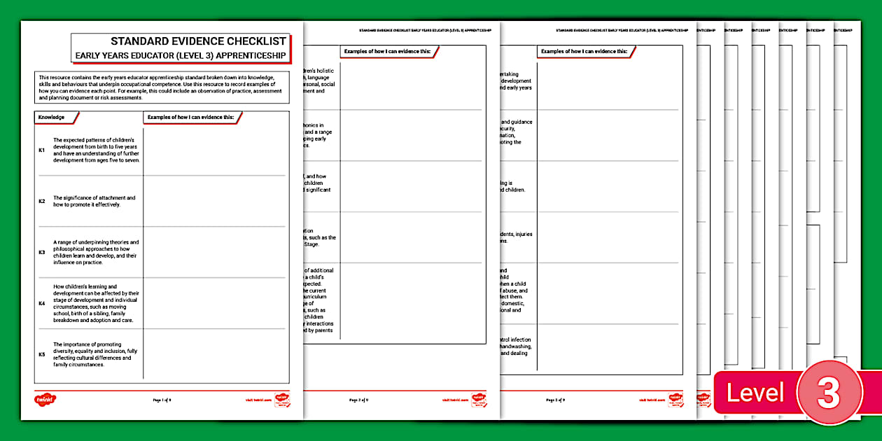 Kindergarten Apprenticeship Standard Evidence Checklist