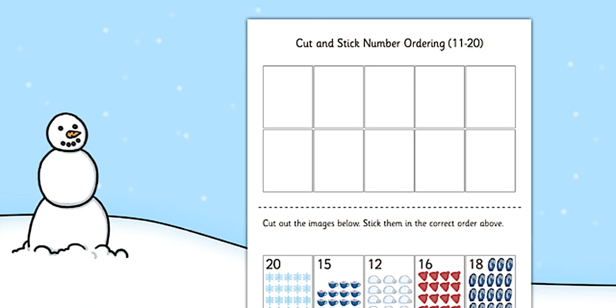 Winter Themed Cut and Stick Number Ordering Sheets 11 to 20