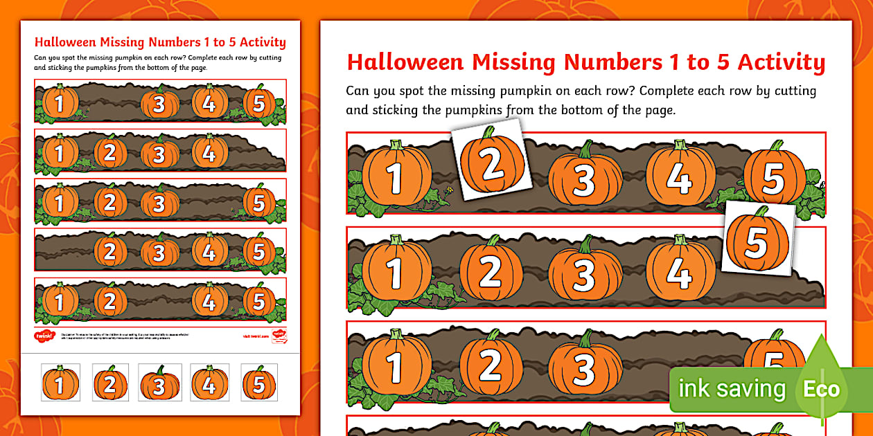 👉 Halloween Pumpkin Cut and Stick Missing Numbers 1 to 5