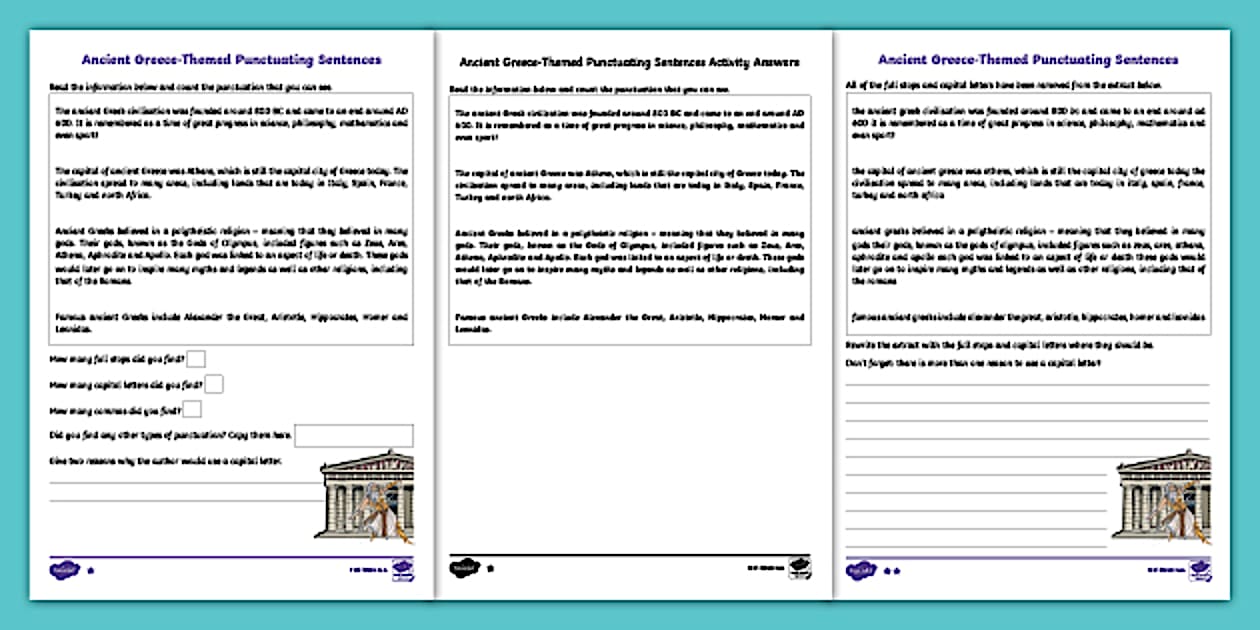KS2 Ancient Greece-Themed Punctuating Sentences Differentiated Worksheet