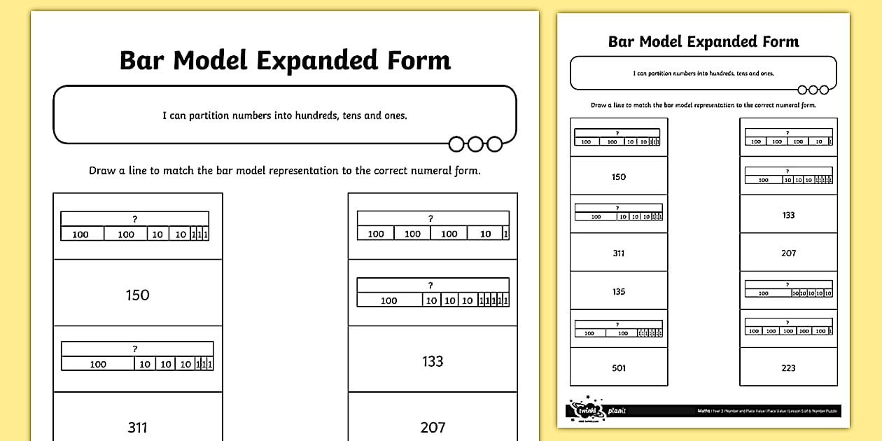 Three-Digit Numbers Bar Model Expanded Form Activity