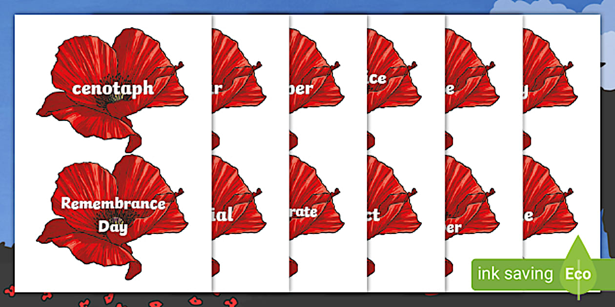 Editable Remembrance Day Topic Words on Poppies - Twinkl