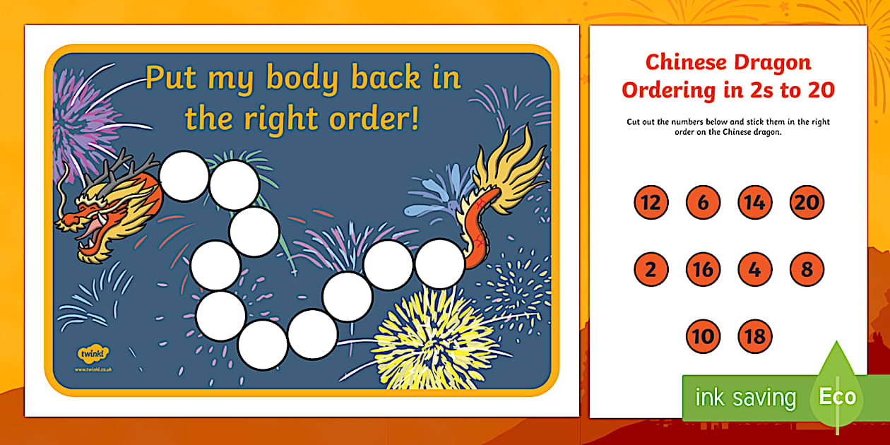 Black and White Chinese Dragon Ordering in 2s to 20 Worksheet