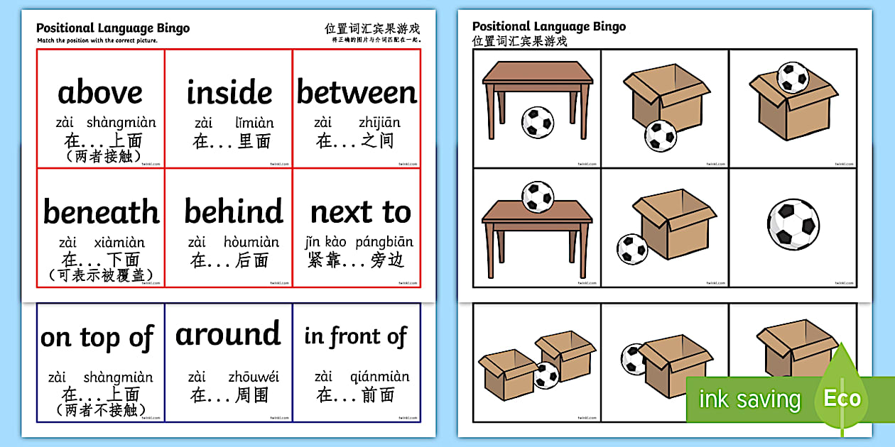 Positional Language Bingo English/Mandarin Chinese/Pinyin - Positional