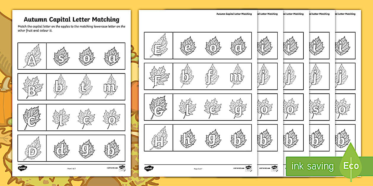 Cursive Autumn-Themed Capital Letter Matching Worksheet