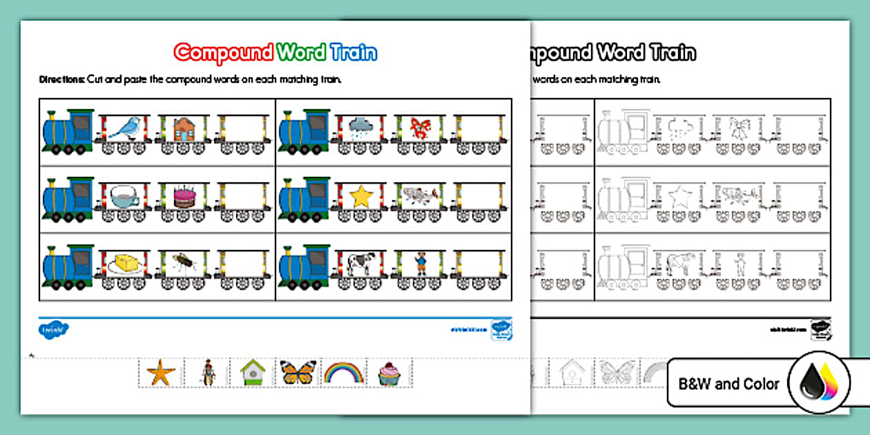 Compound Word Train Cut and Paste Worksheet - Twinkl