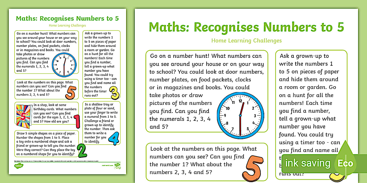 Recognizes Numerals 1 to 5 Home Learning Challenges - Twinkl