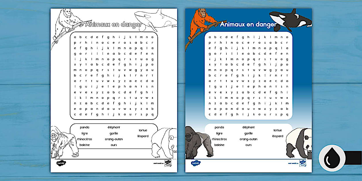 Endangered Animals Word Search French (teacher made)